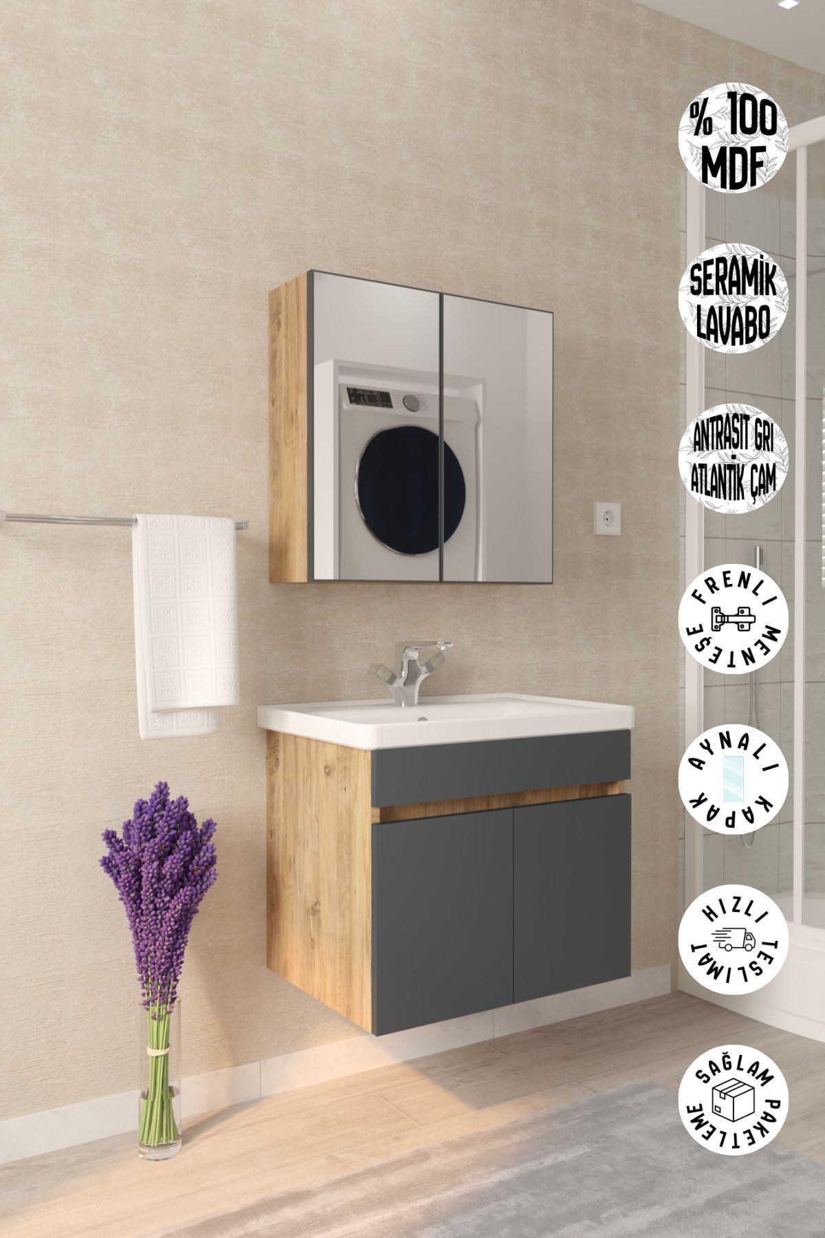 Tokyo 65cm Seramik Lavabolu MDF Aynalı Banyo Dolabı Antrasit Gri ...