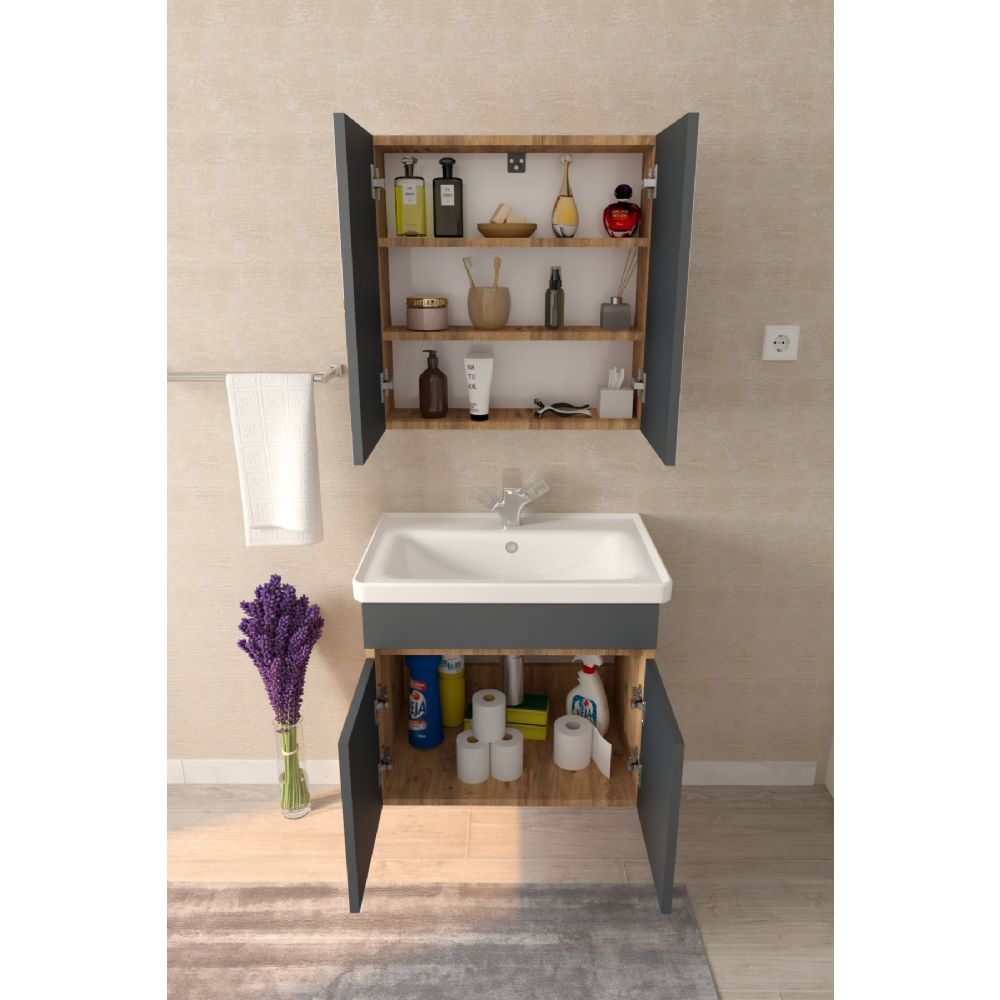 Tokyo 65cm Seramik Lavabolu MDF Aynalı Banyo Dolabı Antrasit Gri ...