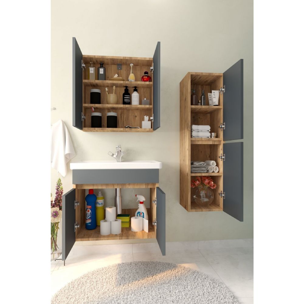 Tokyo 65cm Seramik Lavabolu MDF Aynalı Banyo Dolabı-Atlantik çam ...
